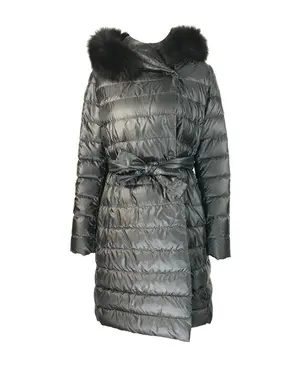 Max Mara Long Hooded Down Jacket With Waist Strap - Gray