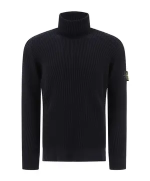 Stone Island Ribbed Roll Neck Jumper With Compass Patch - Blue