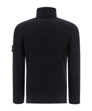 Stone Island Ribbed Roll Neck Jumper With Compass Patch - Blue