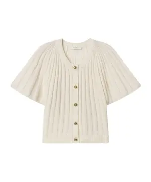 FRAME Ribbed Knit Short Sleeve Cardigan With Gold Buttons