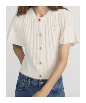 FRAME Ribbed Knit Short Sleeve Cardigan With Gold Buttons