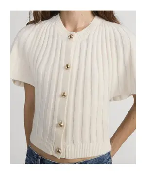 FRAME Ribbed Knit Short Sleeve Cardigan With Gold Buttons