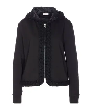 Moncler Zip-up Drawstring Hoodie With Textured Trim - Black