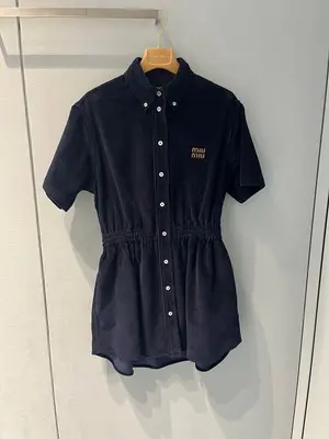 Miu Miu Short-sleeved Corduroy Shirt Dress - Navy Blue