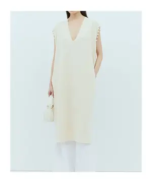 Max Mara Sleeveless V-neck Knitted Dress With Velvet Ball Trim - Nude