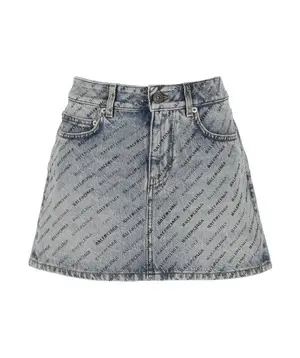 Balenciaga Allover Logo Printed Denim Mini Skirt