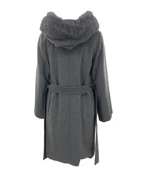 Max Mara Long Sleeved Hooded Coat With Fur Trim And Belt - Black
