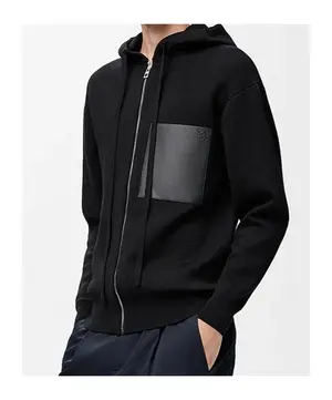 Loewe Wool Zip-up Hoodie With Leather Pocket - Black