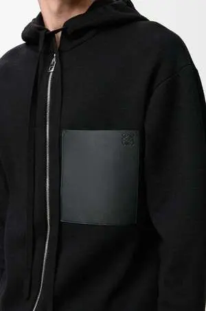 Loewe Wool Zip-up Hoodie With Leather Pocket - Black