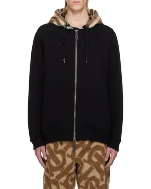 Burberry Zip-up Drawstring Hoodie With Plaid Interior - Black