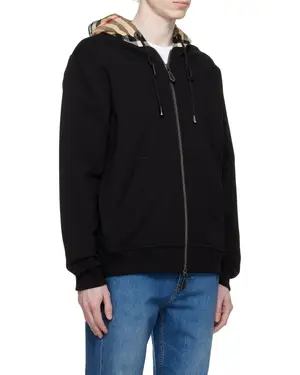Burberry Zip-up Drawstring Hoodie With Plaid Interior - Black