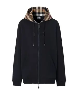 Burberry Zip-up Drawstring Hoodie With Plaid Interior - Black
