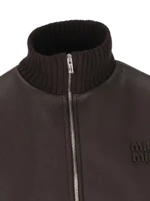 Miu Miu Leather Bomber Jacket With Ribbed Accents