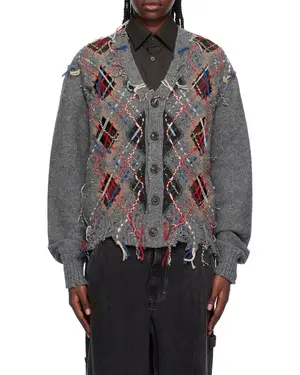 MAISON MARGIELA V-neck Argyle Knit Cardigan - Gray