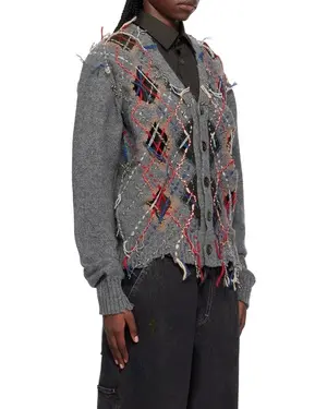 MAISON MARGIELA V-neck Argyle Knit Cardigan - Gray