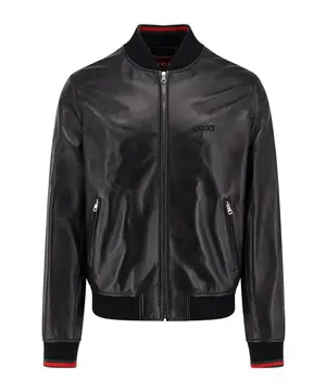 Gucci Leather Zip-up Jacket With Embroidered Logo