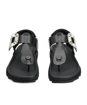 ROGER VIVIER Leather Thong Sandals With Crystal Buckle - Black