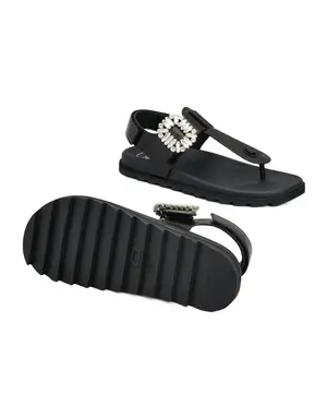 ROGER VIVIER Leather Thong Sandals With Crystal Buckle - Black