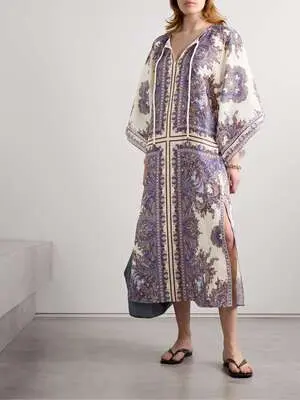 Zimmermann Ottie Kaftan Midi Dress With Paisley Print And Side Slits
