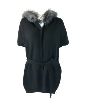 Max Mara Short Sleeved Knitted Cardigan With Waist Tie And Fur Trimmed Hood