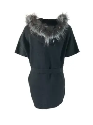 Max Mara Short Sleeved Knitted Cardigan With Waist Tie And Fur Trimmed Hood