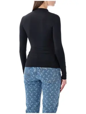 MARINE SERRE Moon Logo Strass Jersey Highneck Long Sleeve Top