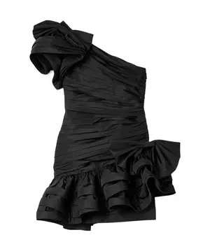 Alessandra Rich One-shoulder Bow-embellished Ruched Taffeta Mini Dress - Black