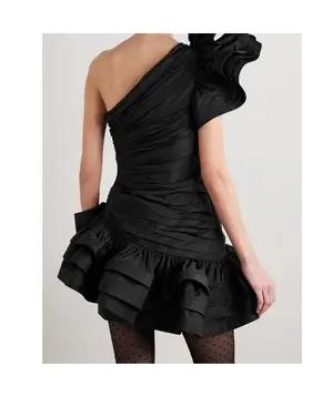 Alessandra Rich One-shoulder Bow-embellished Ruched Taffeta Mini Dress - Black