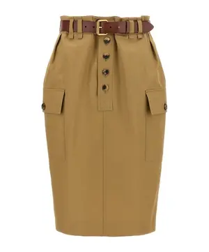 Saint Laurent Button Detailed Belted Pencil Skirt - Beige