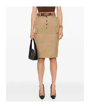 Saint Laurent Button Detailed Belted Pencil Skirt - Beige