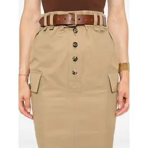 Saint Laurent Button Detailed Belted Pencil Skirt - Beige