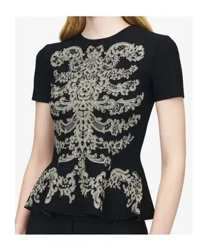 Alexander McQueen Lace Ribcage Jacquard Peplum Top