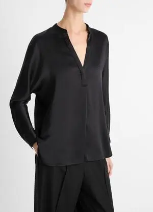 Vince Open Neck Long-sleeved Loose Fit Blouse - Black