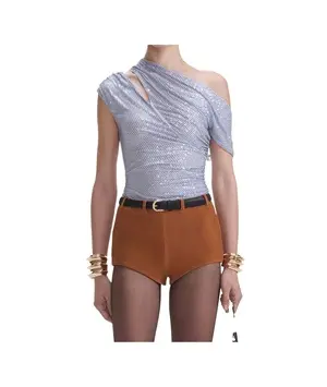SELF-PORTRAIT Embellished Asymmetric Neckline Top With Keyhole Detail - Light Blue