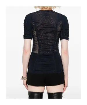 MUGLER Mesh Pleated Short Sleeve Top