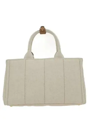 Prada Logo Embroidered Top Handle Bag - Beige