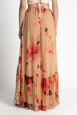 KAOS Floral Print Pleated Midi Skirt