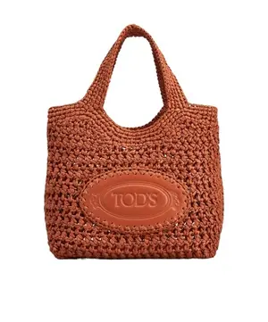 TOD'S Raffia Crochet Tote Bag With Debossed Logo - Orange