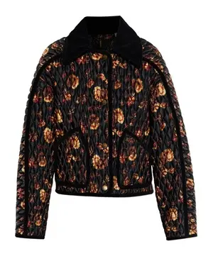 Burberry Floral Quilted Jacket With Corduroy Paneling - Black