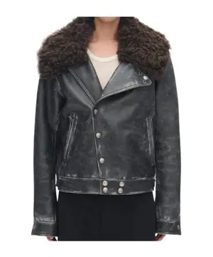 ANN DEMEULEMEESTER Long-sleeved Leather Jacket With Removable Shearling Collar