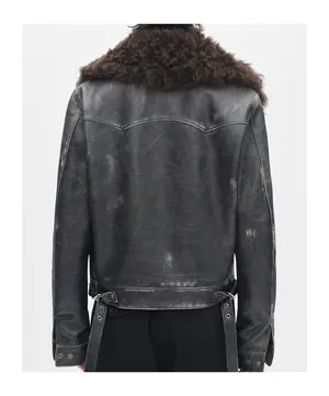 ANN DEMEULEMEESTER Long-sleeved Leather Jacket With Removable Shearling Collar