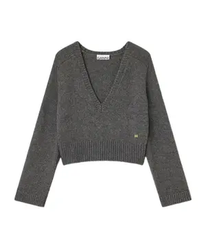 GANNI Ganni V-Neck Jumper With Ribbed Details Phantom Black