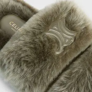 Celine Triomphe Shearling Slipper - Khaki