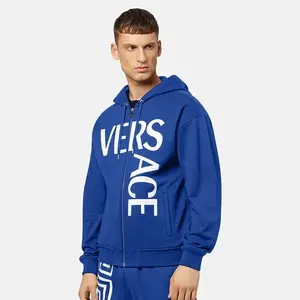 Versace Logo Hooded Zip-up Sweater - Blue