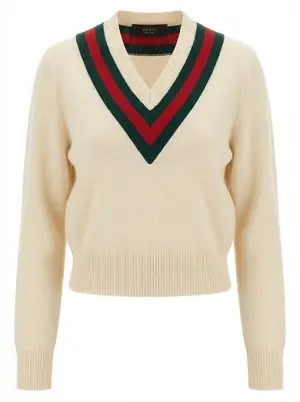 Gucci V-neck Fine Knit Jumper With Web Detail