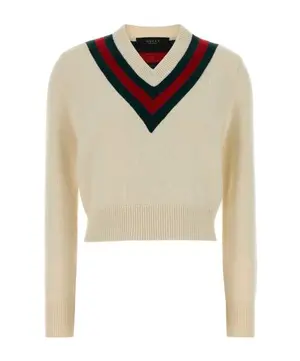 Gucci V-neck Fine Knit Jumper With Web Detail