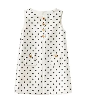 SELF-PORTRAIT Polka Dot Round Neck Dress With Decorative Buttons And Pockets - Ivory