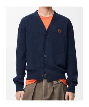 Loewe V-neck Cardigan With Anagram Embroidery - Navy Blue