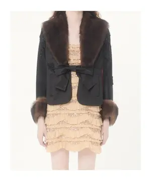 Valentino Garavani Long-sleeved Shawl With Rose Embroidery And Fur Trim