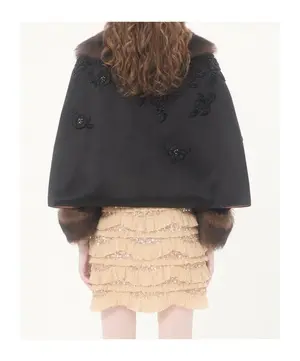 Valentino Garavani Long-sleeved Shawl With Rose Embroidery And Fur Trim